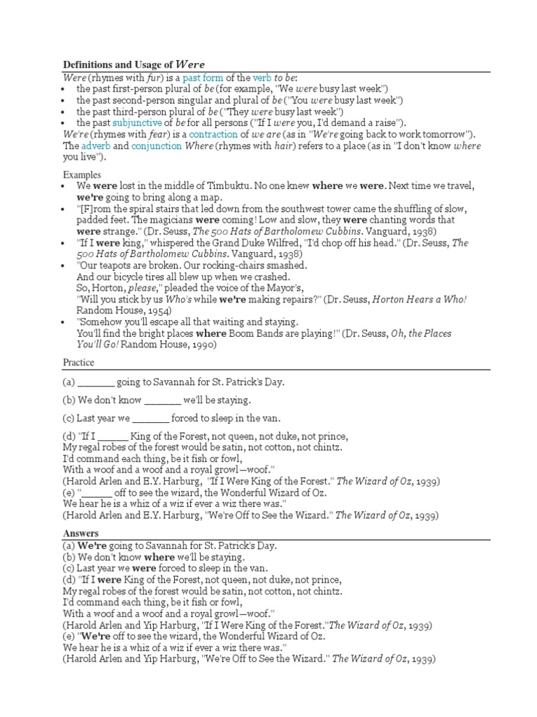 Definitions and Usage of Were, We're, Where | PDF | Morphology | Onomastics
