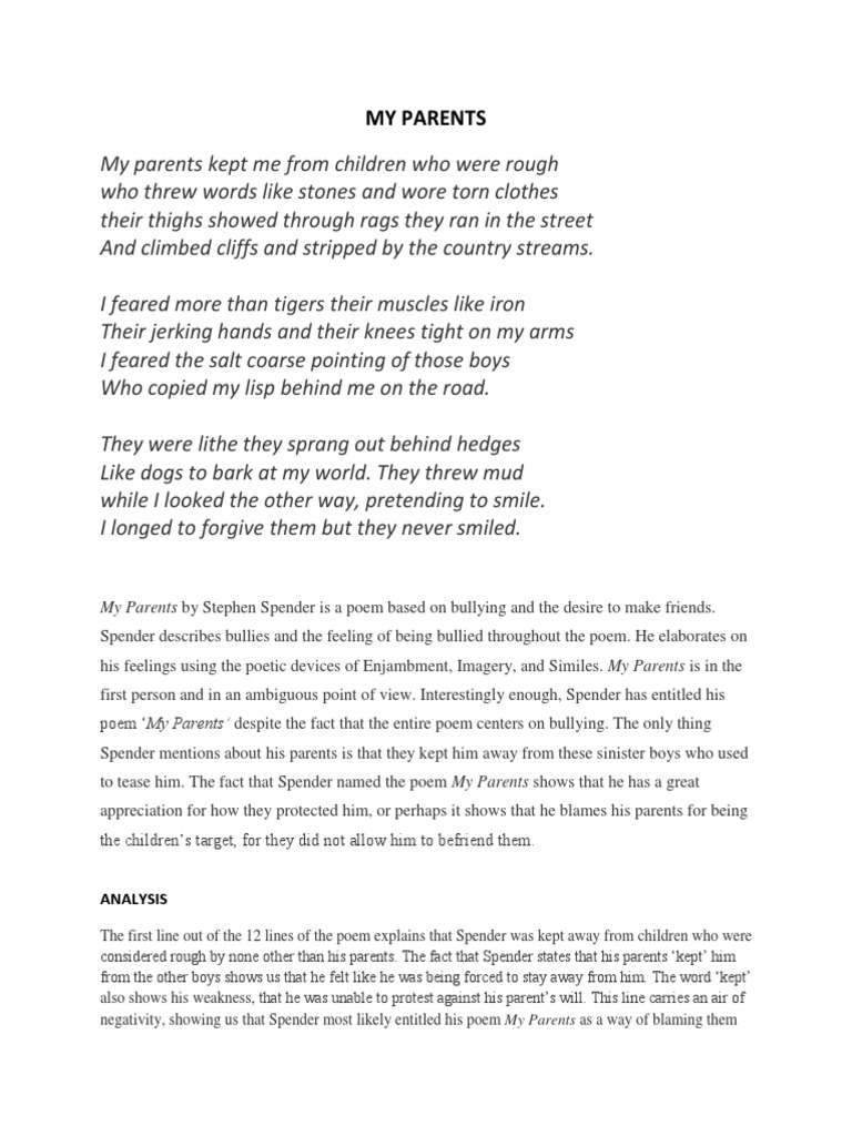 My Parents: My Parents by Stephen Spender Is A Poem Based On Bullying ...