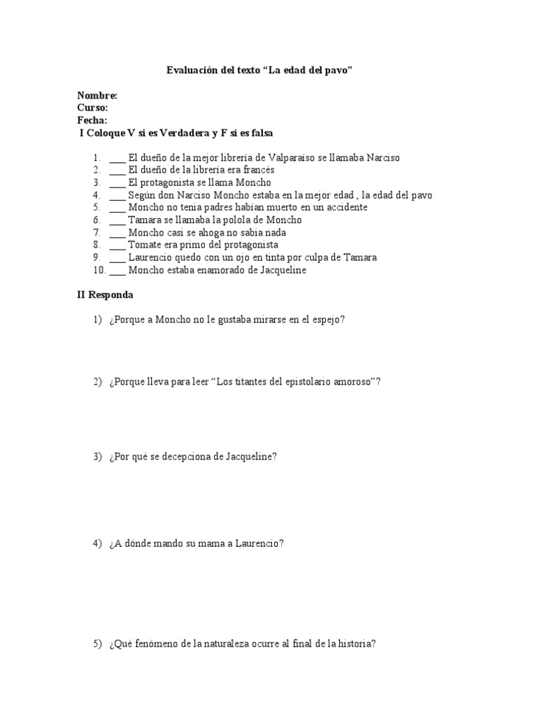 Evaluación Del Texto La Edad Del Pavo | PDF