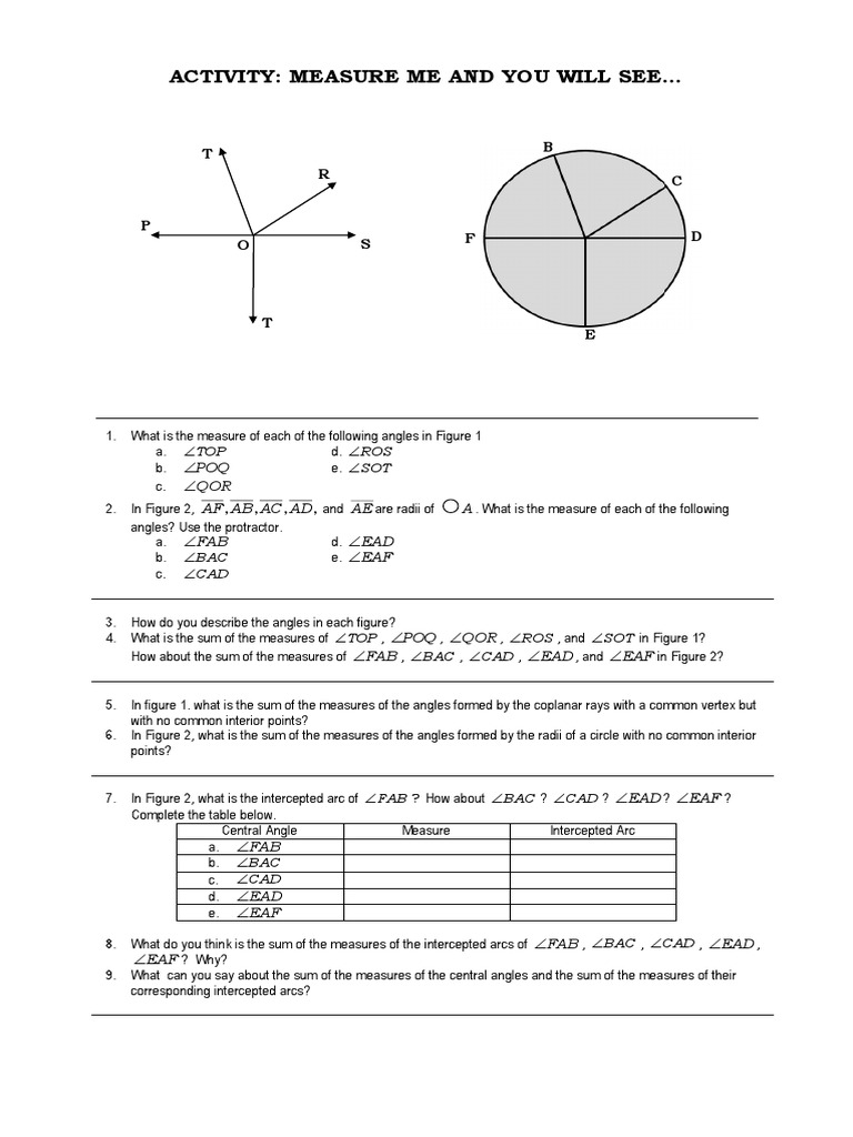 Measuring Angles and Arcs Activity | PDF | Angle | Geometric Measurement