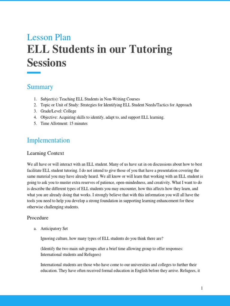 ELL Students in Our Tutoring Sessions: Lesson Plan | PDF | Vocabulary ...