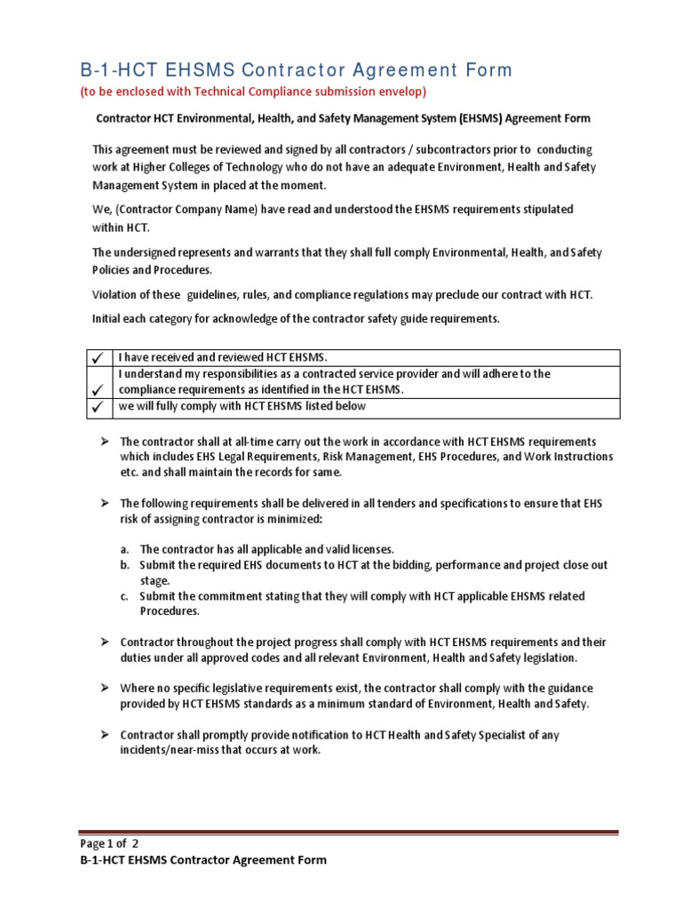H-1-Contractor HCT EHSMS Agreement Form | PDF | General Contractor ...