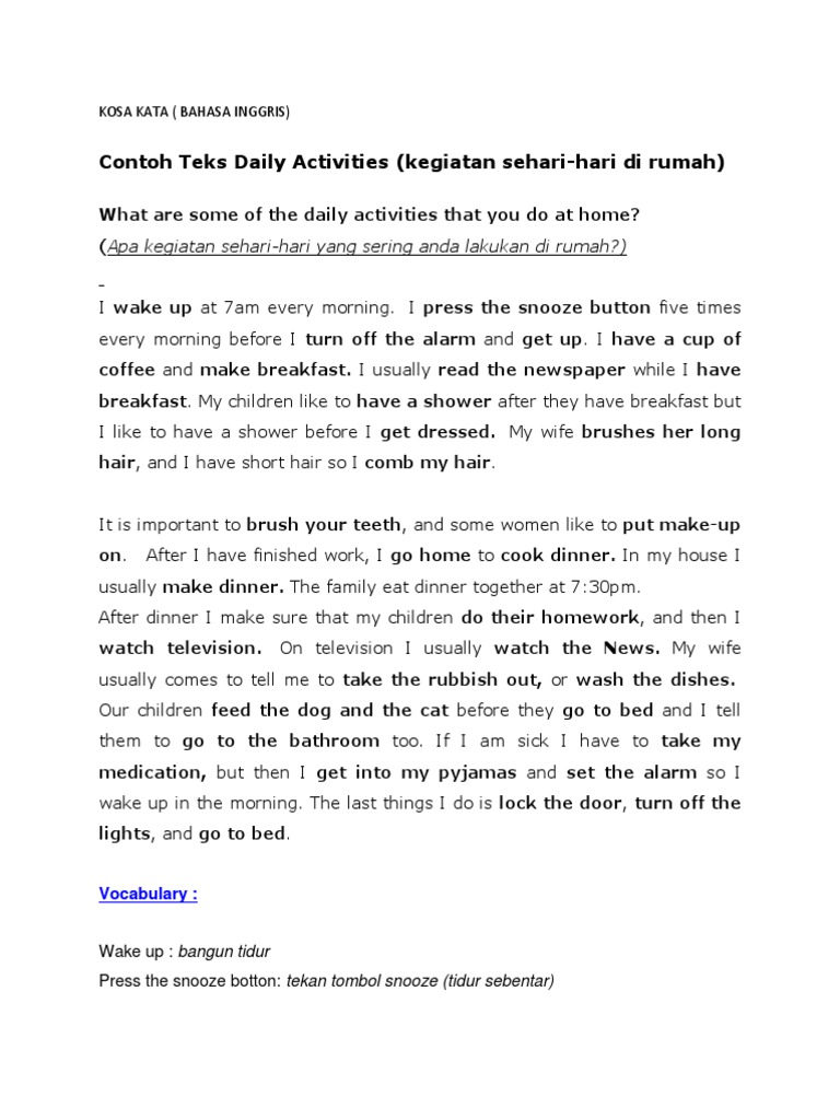 Contoh Teks Daily Activities (Kegiatan Sehari-Hari Di Rumah) | PDF ...