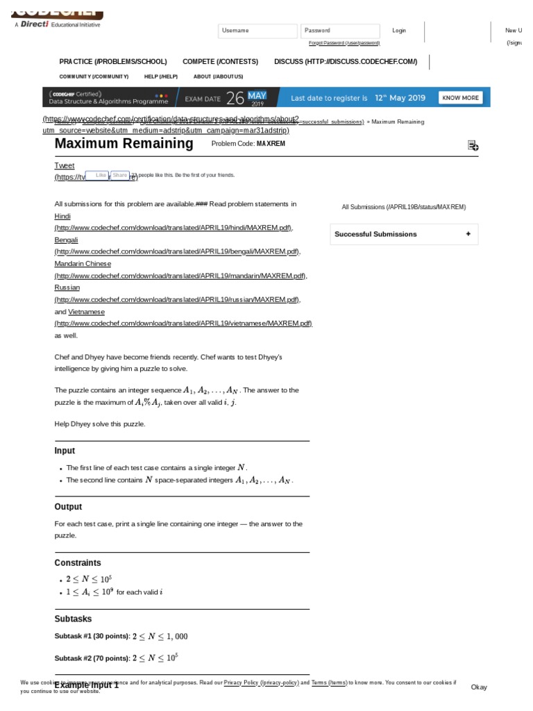 Maximum Remaining - CodeChef | PDF | Computer Programming | Http Cookie