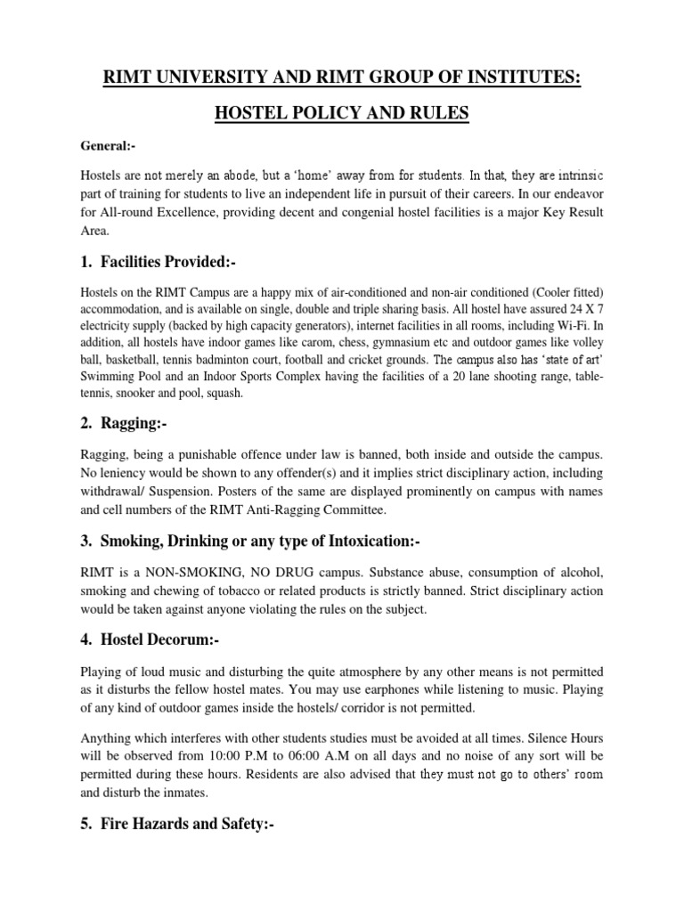 Rimt University and Rimt Group of Institutes: Hostel Policy and Rules ...