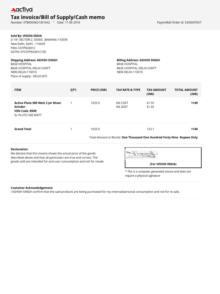 Tax Invoice/bill of Supply/Cash Memo: This Is A Computer Generated ...