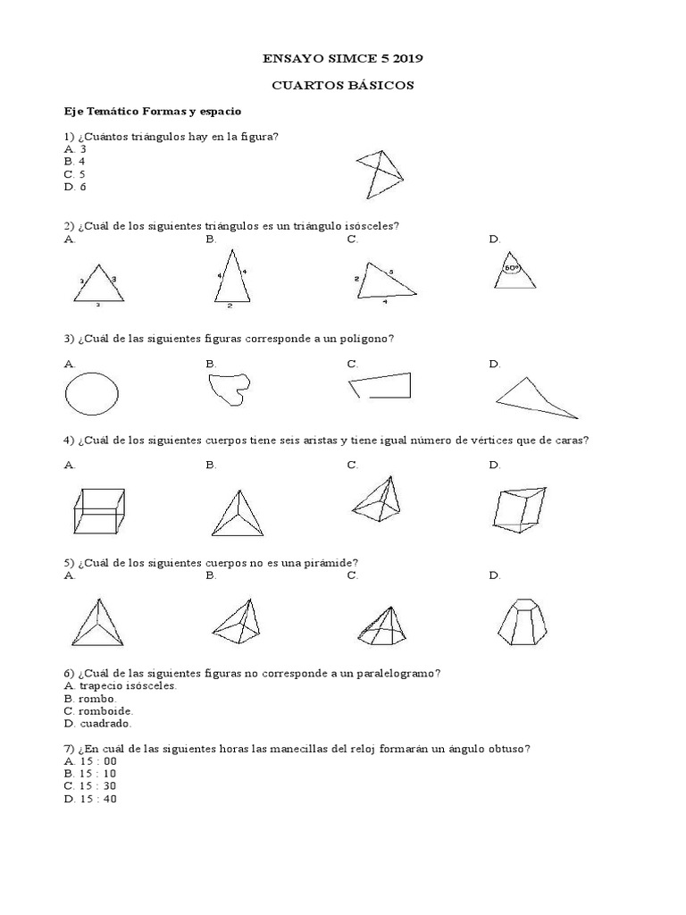Ensayo SIMCE 5 2019 Formas y espacio | PDF | Rectángulo | Objetos geométricos