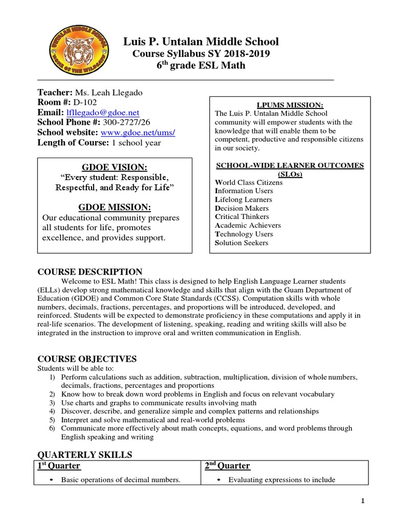 Luis P. Untalan Middle School: Course Syllabus SY 2018-2019 6 Grade ESL ...