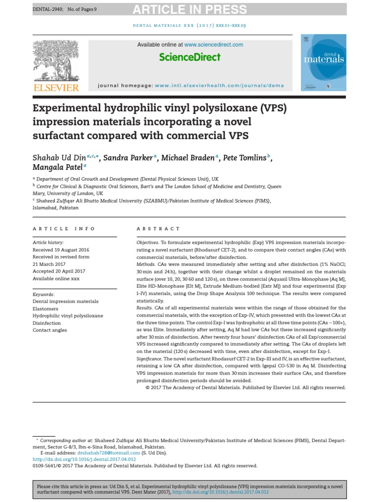 Experimental Hydrophilic Vinyl Polysiloxane (VPS) Impression Materials ...