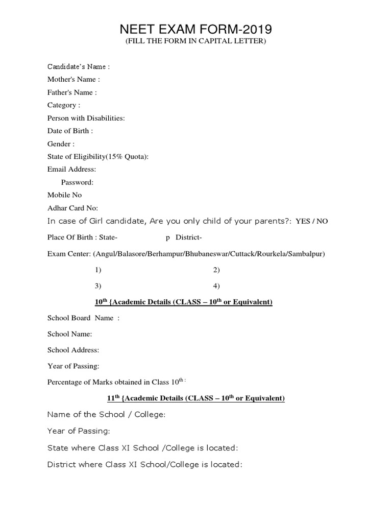 Neet Exam Form-2019: 10 (Academic Details (CLASS - 10 or Equivalent) | PDF