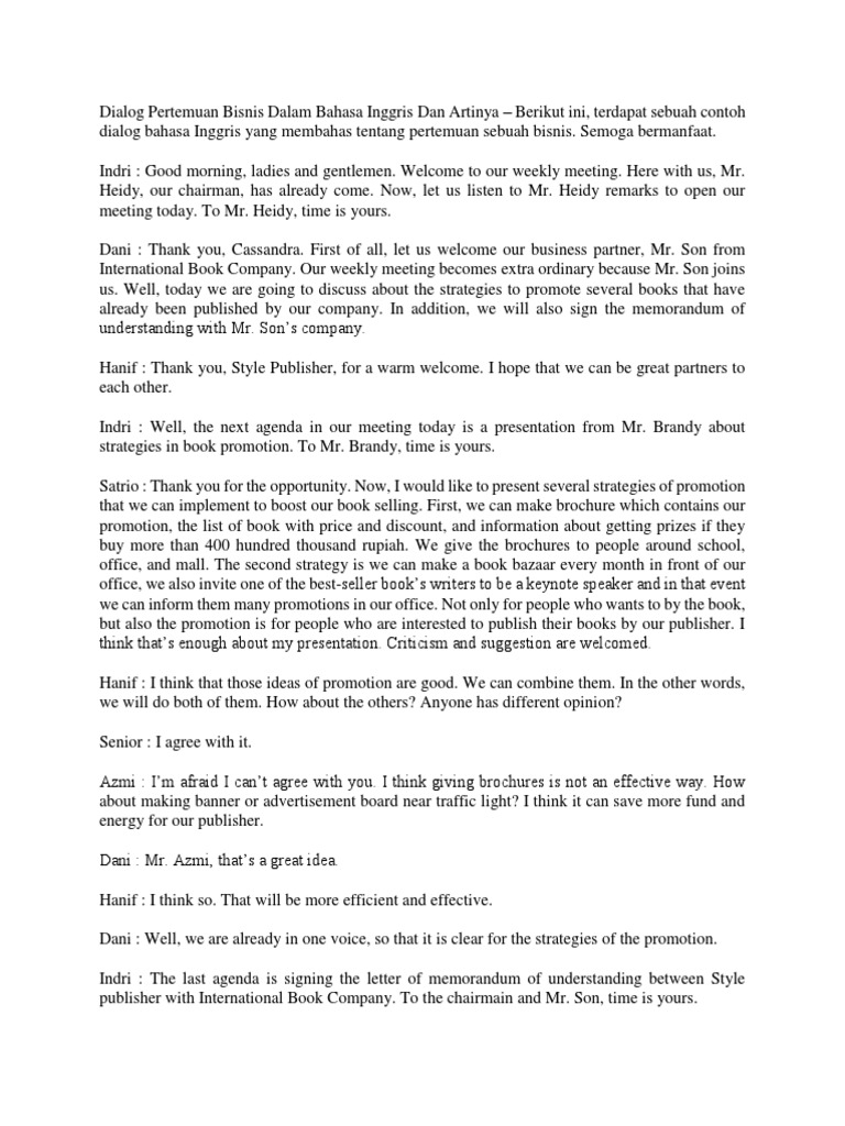 Dialog Pertemuan Bisnis Dalam Bahasa Inggris Dan Artinya | PDF ...