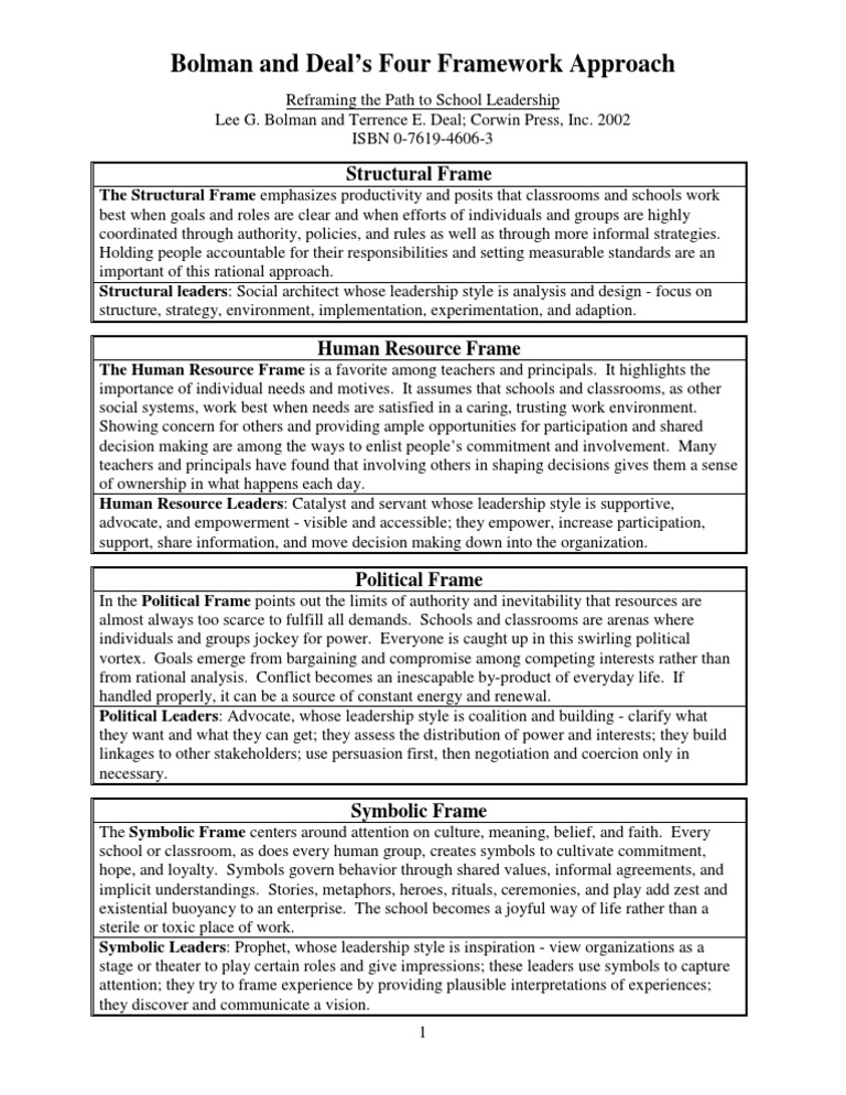 Bolman and Deal's Four Framework Approach | Leadership | Psychological ...