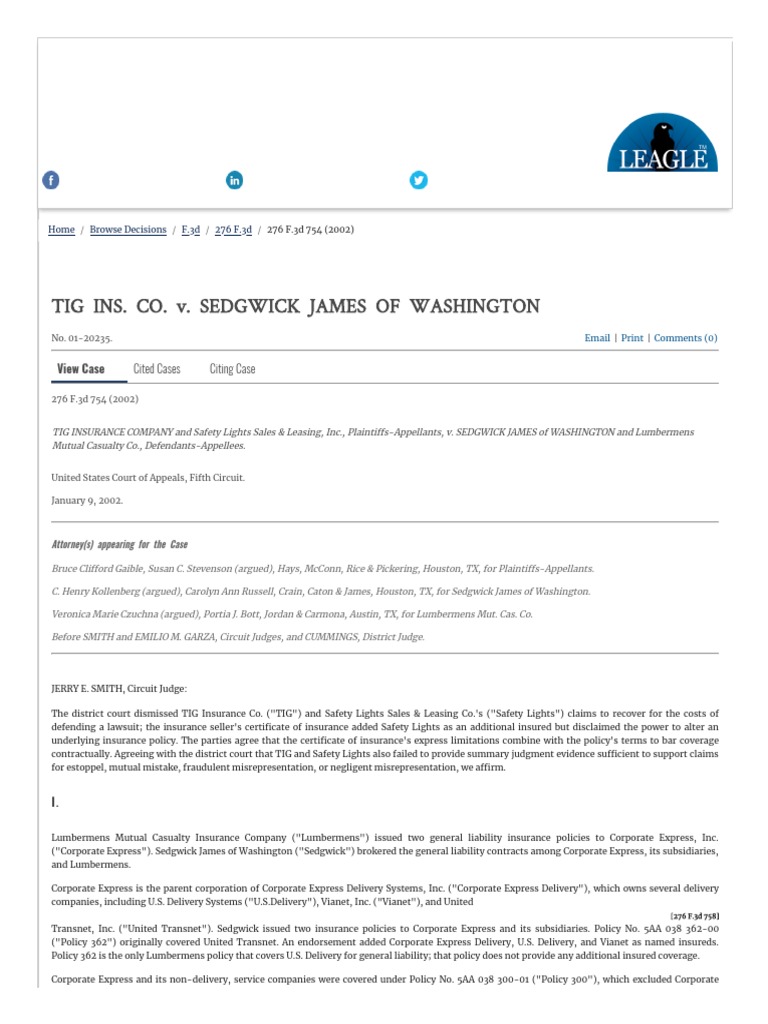 TIG INS. CO. v. SEDGWICK - 276 F.3d 754 (2002) - 6f3d7541935 | PDF ...