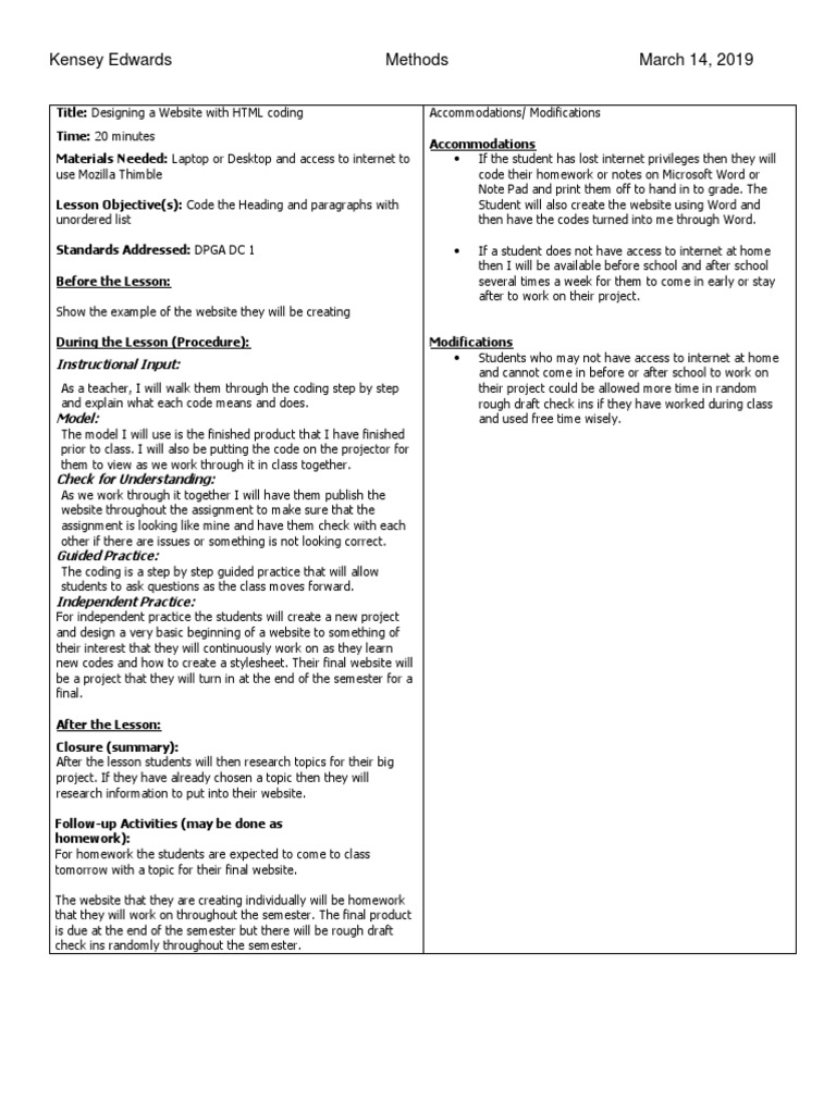 Lesson Plan | PDF | Homework | Behavior Modification