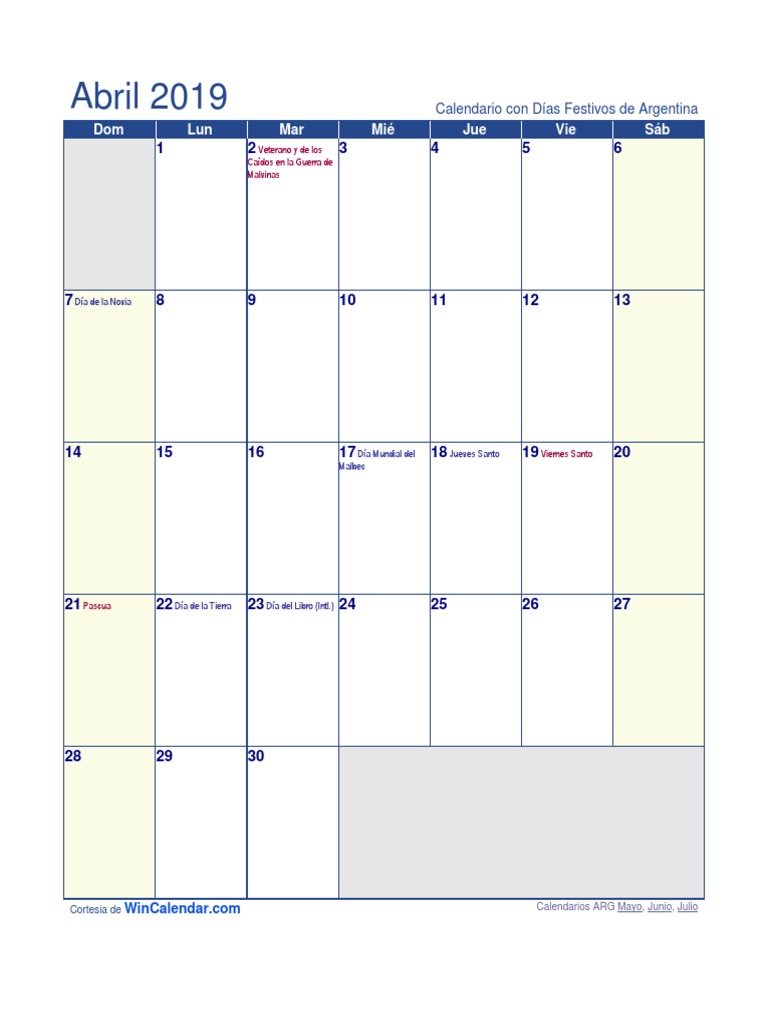 Calendario Abril 2019 | PDF