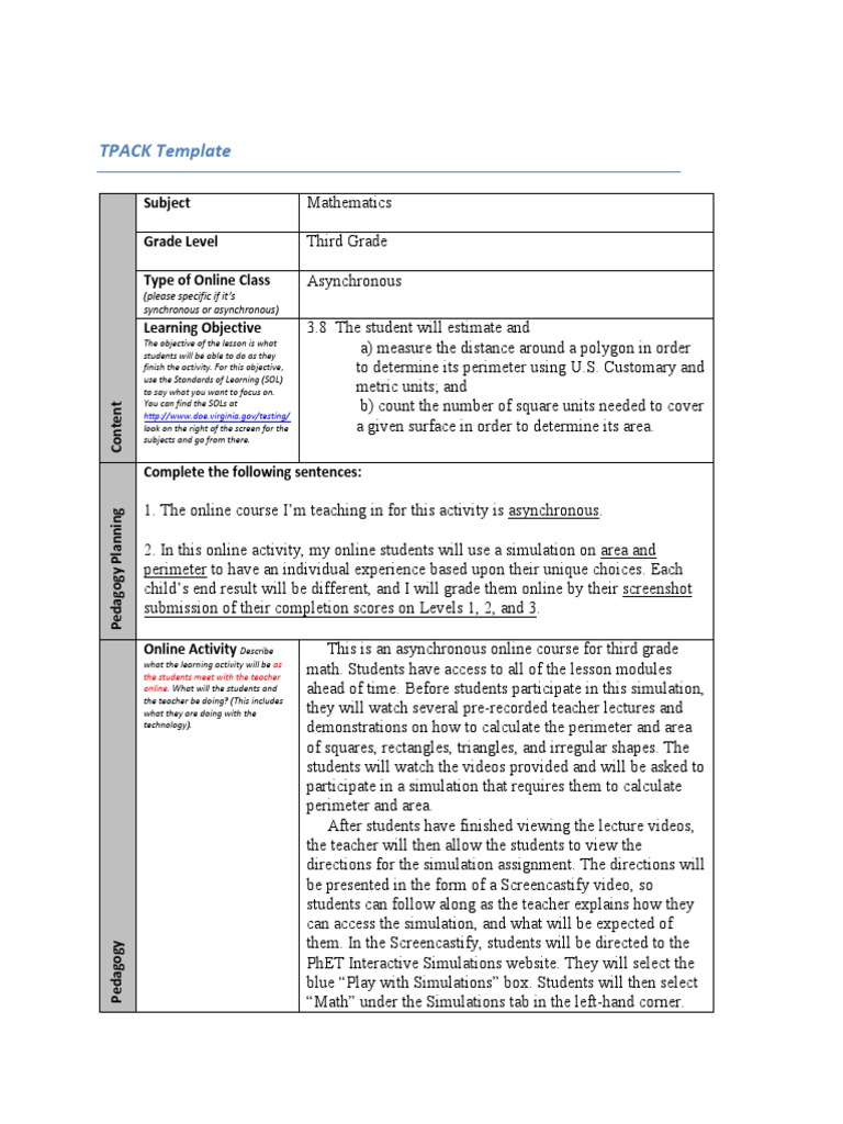 Tpack Template Online sp19 | PDF | Area | Educational Technology