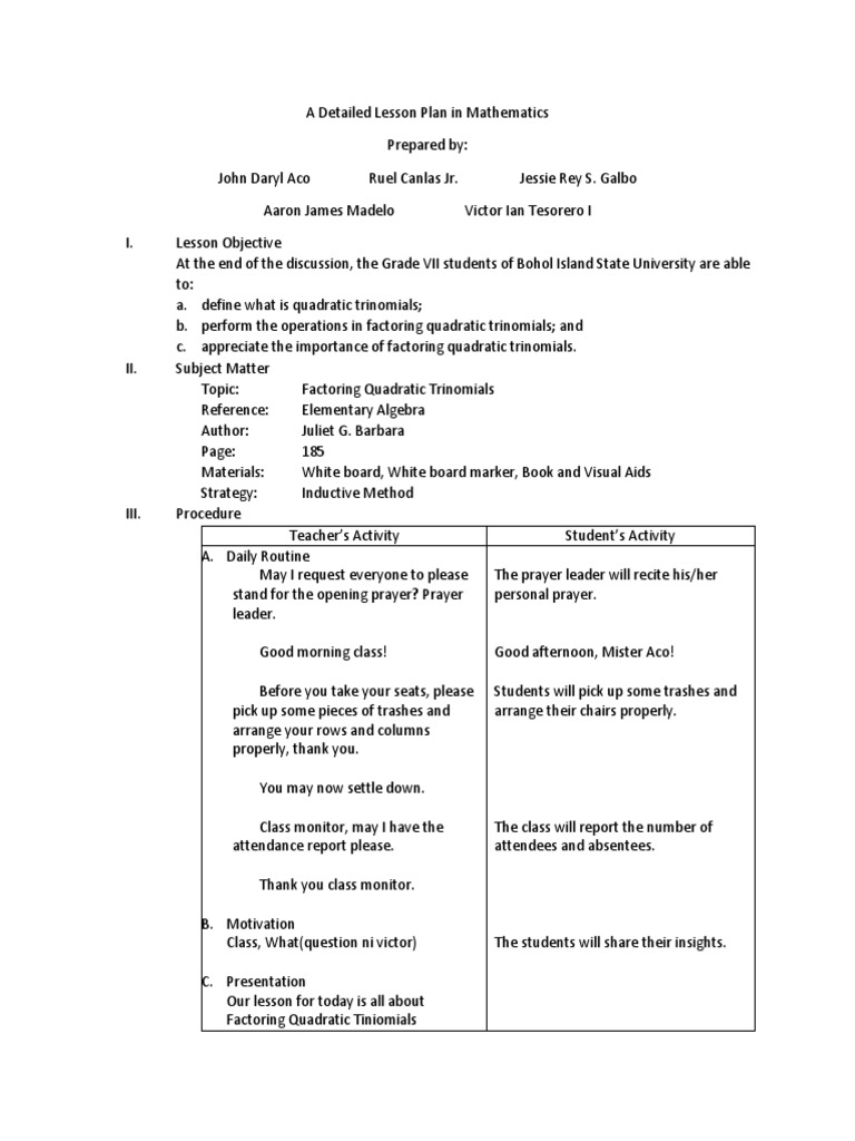 A Detailed Lesson Plan in Mathematics | PDF | Lesson Plan | Pedagogy