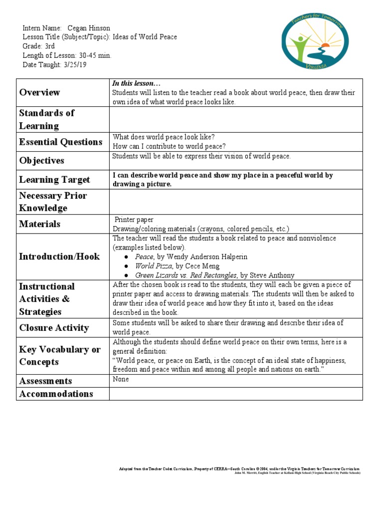 Art of Humanity Lesson Plan | PDF | Peace | Curriculum