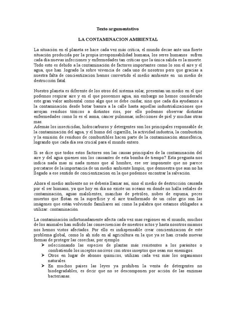 Texto Argumentativo Contaminacion Ambiental | Contaminación | Agua