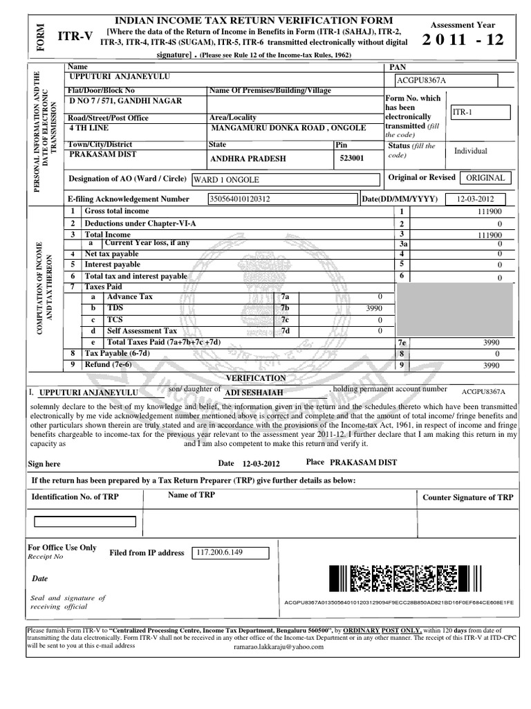 Itr-V: Indian Income Tax Return Verification Form | PDF | Income Tax In ...