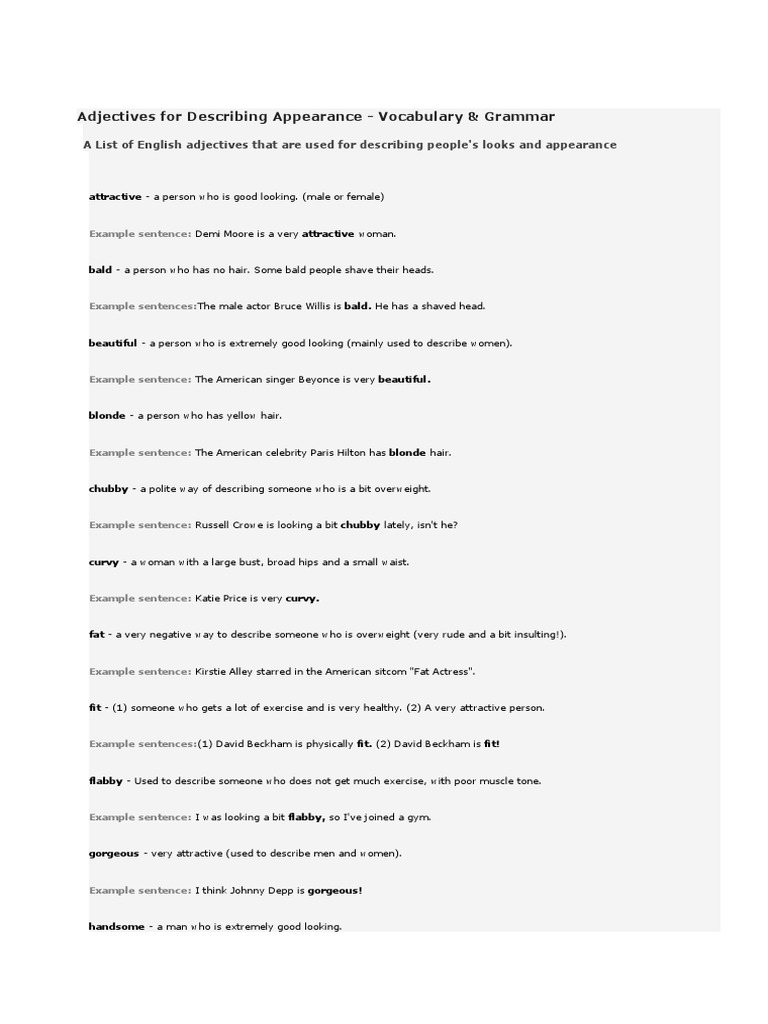 Adjectives For Describing Appearance 1 | PDF | Human Body | Human ...