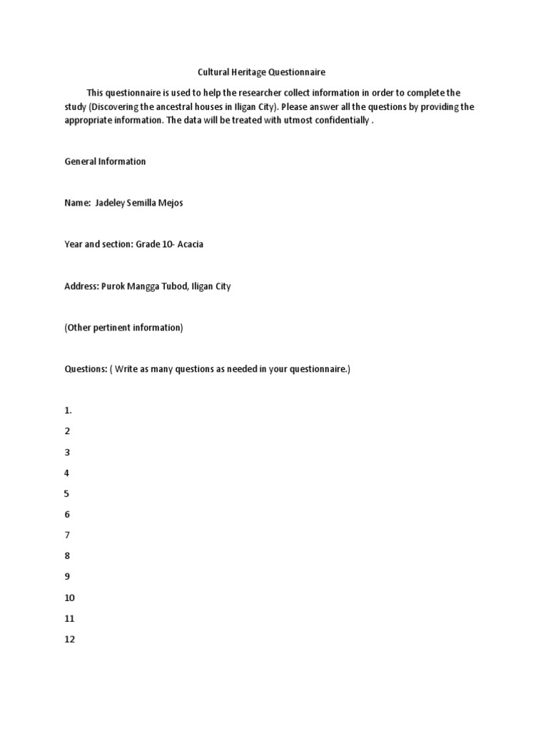Cultural Heritage Questionnaire | PDF