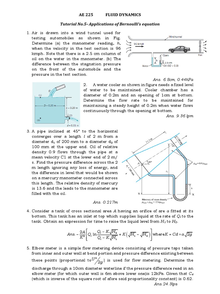 Tutorial No.5-Applications of Bernoulli's Equation: AE 225 Fluid Dynamics | PDF | Fluid Dynamics ...
