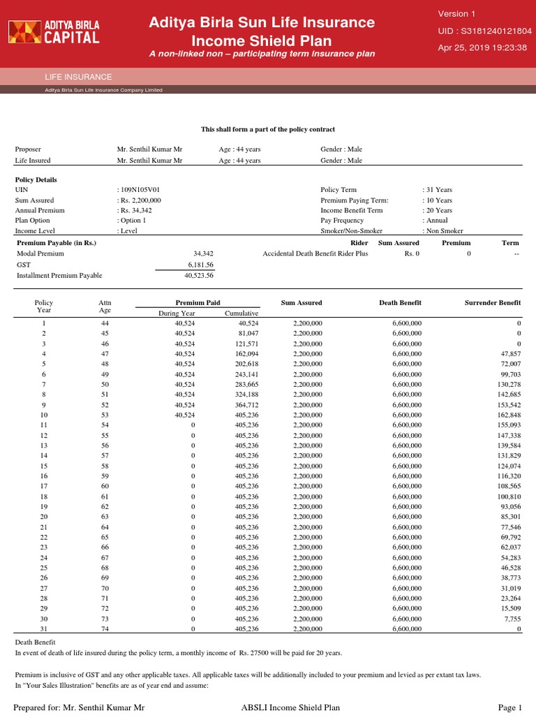 Senthil Kumar MR IncomeShield 25.04.2019 19.23.38 | PDF | Life ...