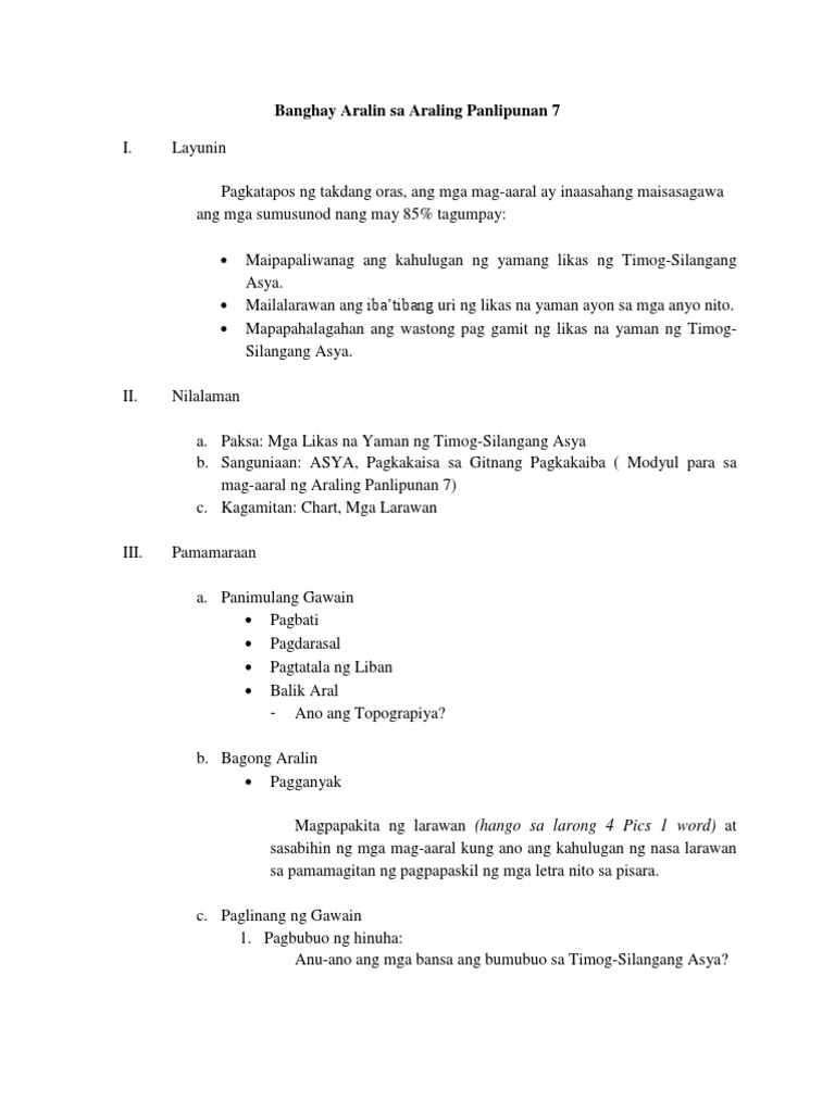 Lesson Plan For Araling Panlipunan Grade 7 | PDF
