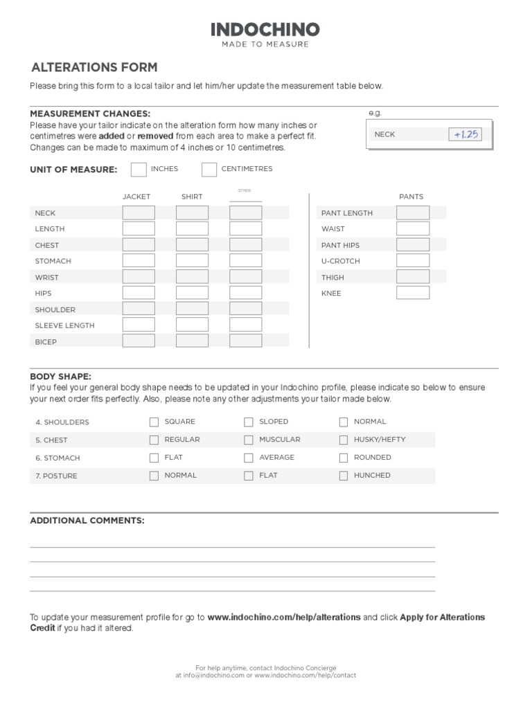 Alterations Form | PDF | Body Shape | Softlines (Retail)