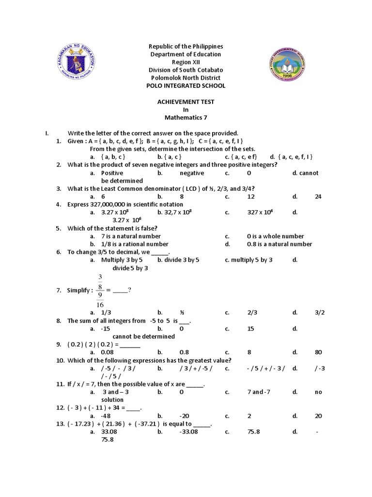 Math 7 Diagnostic Test | PDF | Angle | Numbers