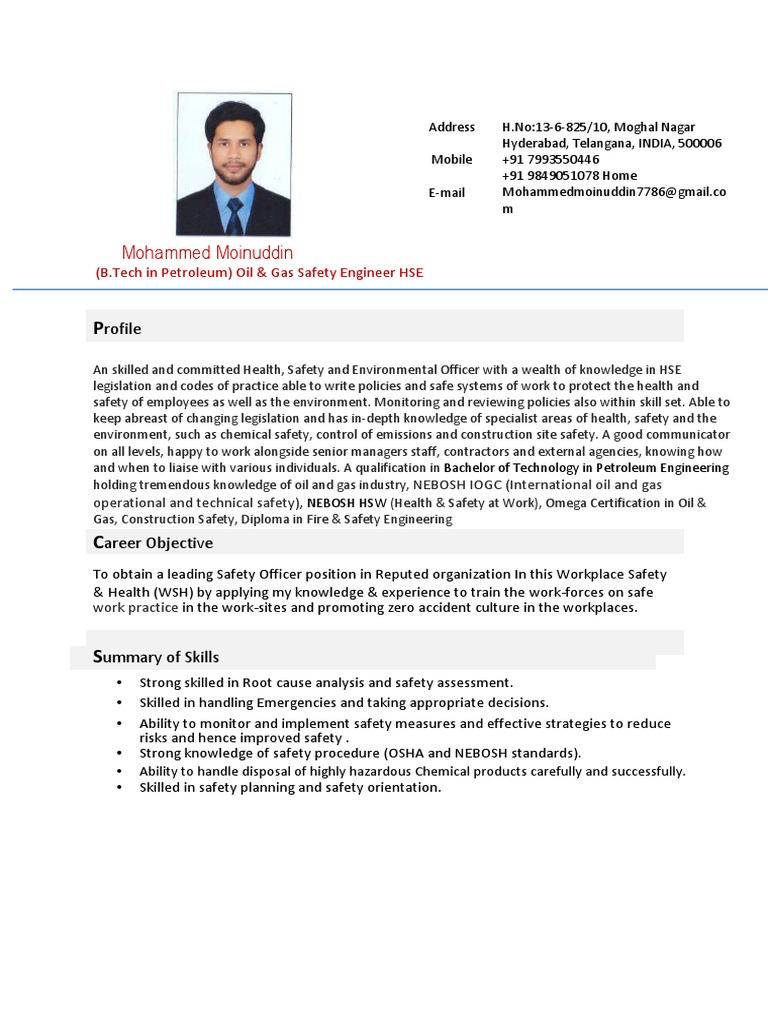 Safety Officer/Engineer Resume | PDF | Occupational Safety And Health ...