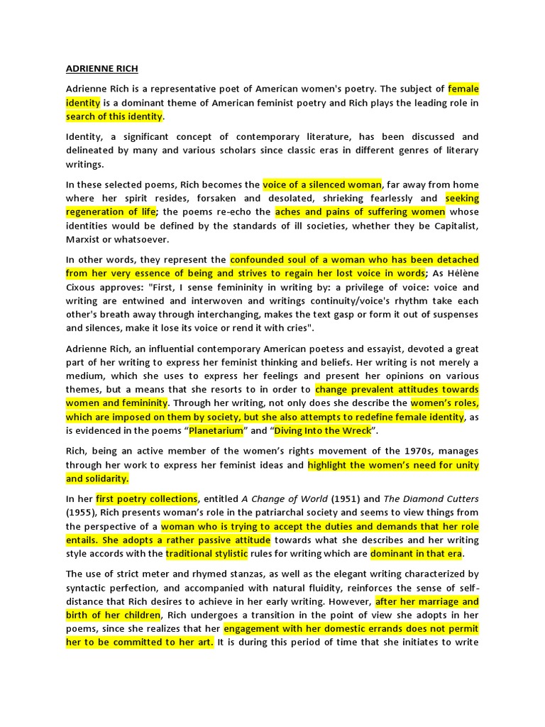 Adrienne Rich - An Analysis | PDF | Poetry | Feminism