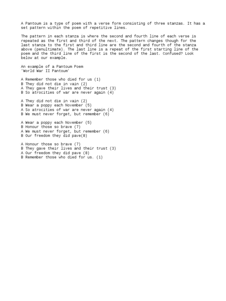 Pantoum Poem Structure Explained | PDF