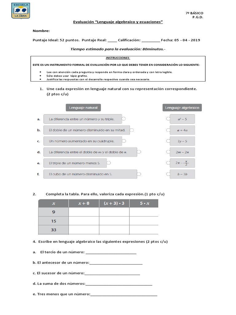 Evaluacion Matematica 7mo Ecuaciones | PDF
