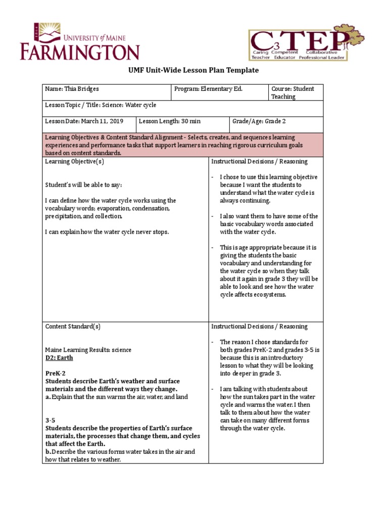 UMF Unit Wide Lesson Plan Template | PDF | Vocabulary | Water
