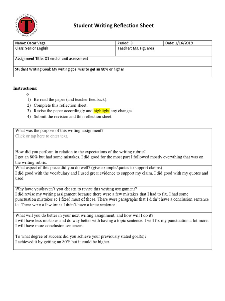 q1 End of Unit Reflection 2 | PDF