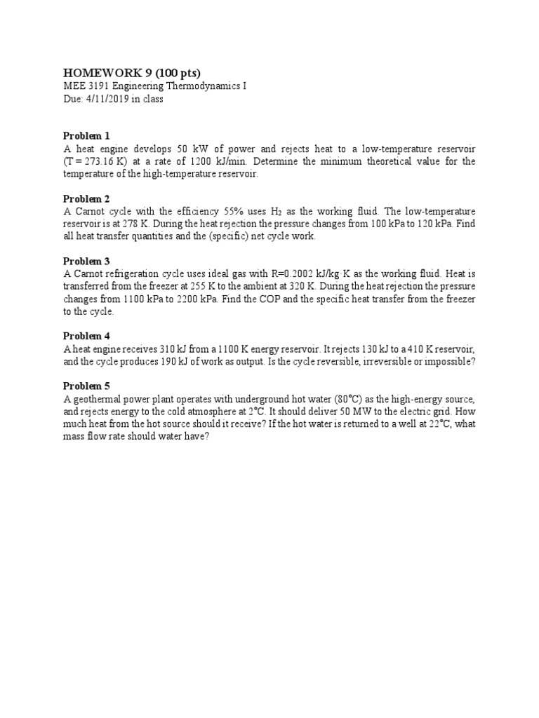 Engineering Thermodynamics Homework 9 | PDF