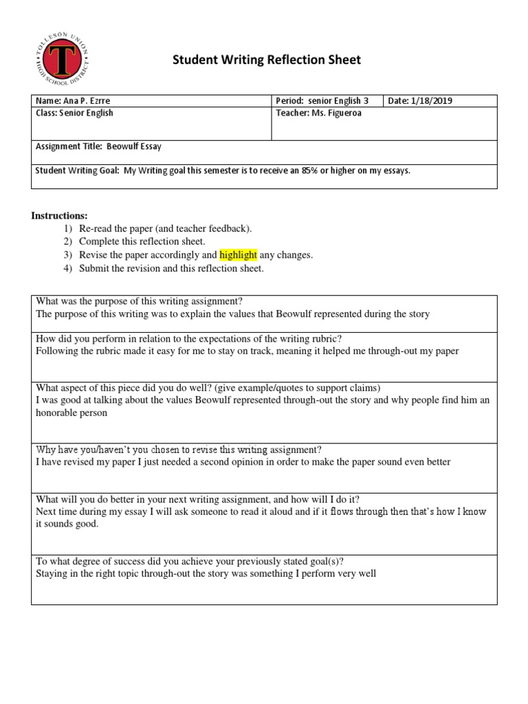 q2 Mid Unit Reflection Sheet | PDF | Rubric (Academic) | Essays