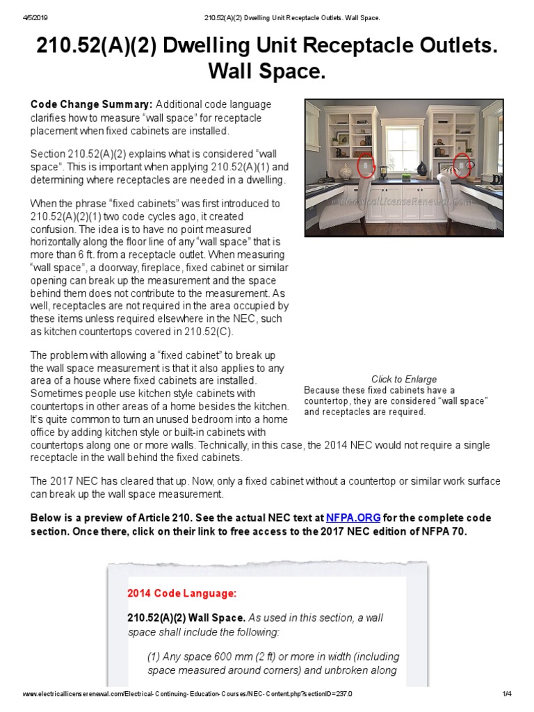 210.52 (A) (2) Dwelling Unit Receptacle Outlets. Wall Space | PDF ...