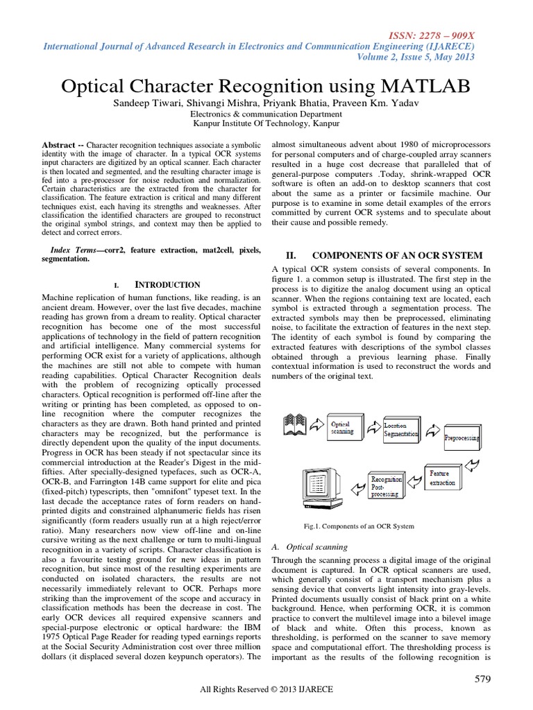 Optical Character Recognition Using Matlab Sandeep Tiwari Shivangi Mishra Priyank Bhatia