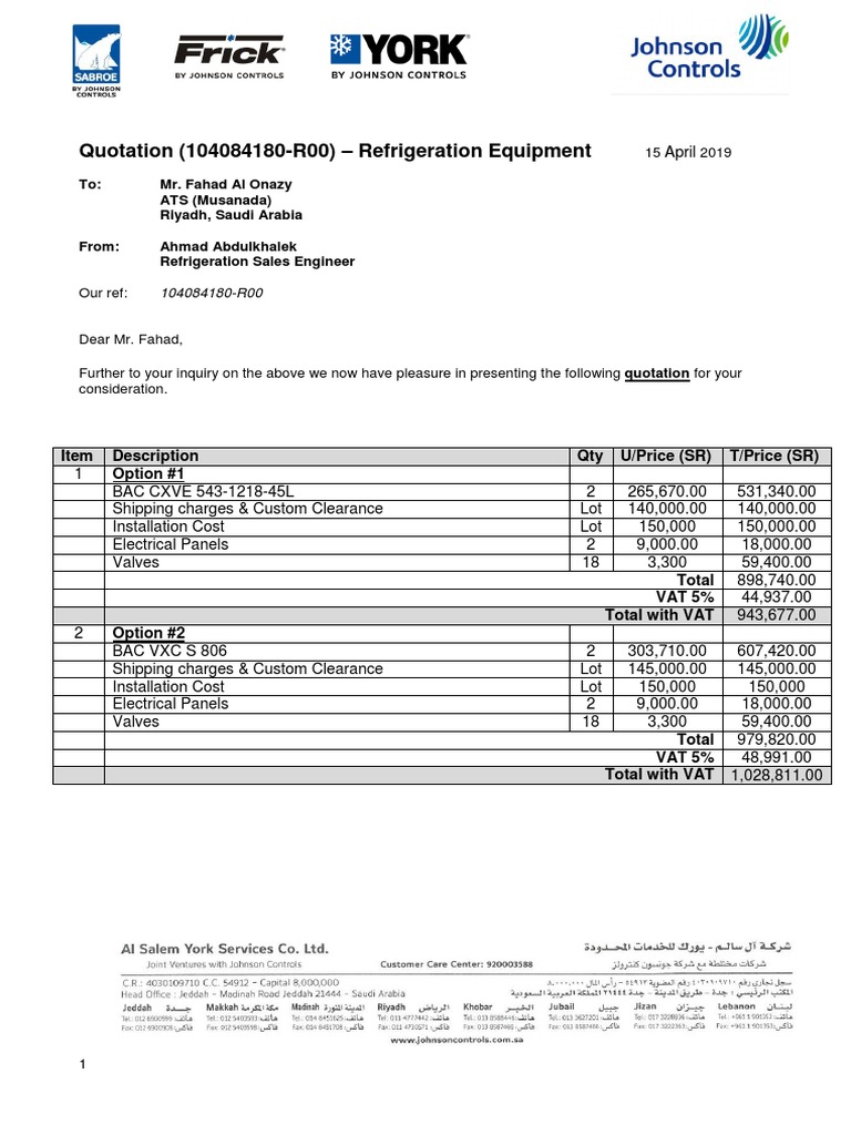 Quotation (104084180-R00) - Refrigeration Equipment | PDF | Value Added ...
