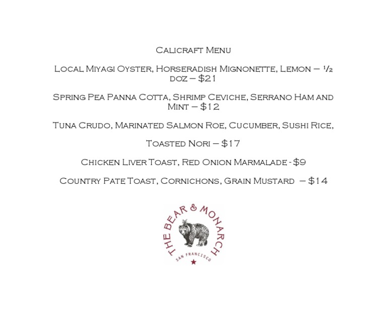 Calicraft Menu: Fresh Seafood & Toasts | PDF