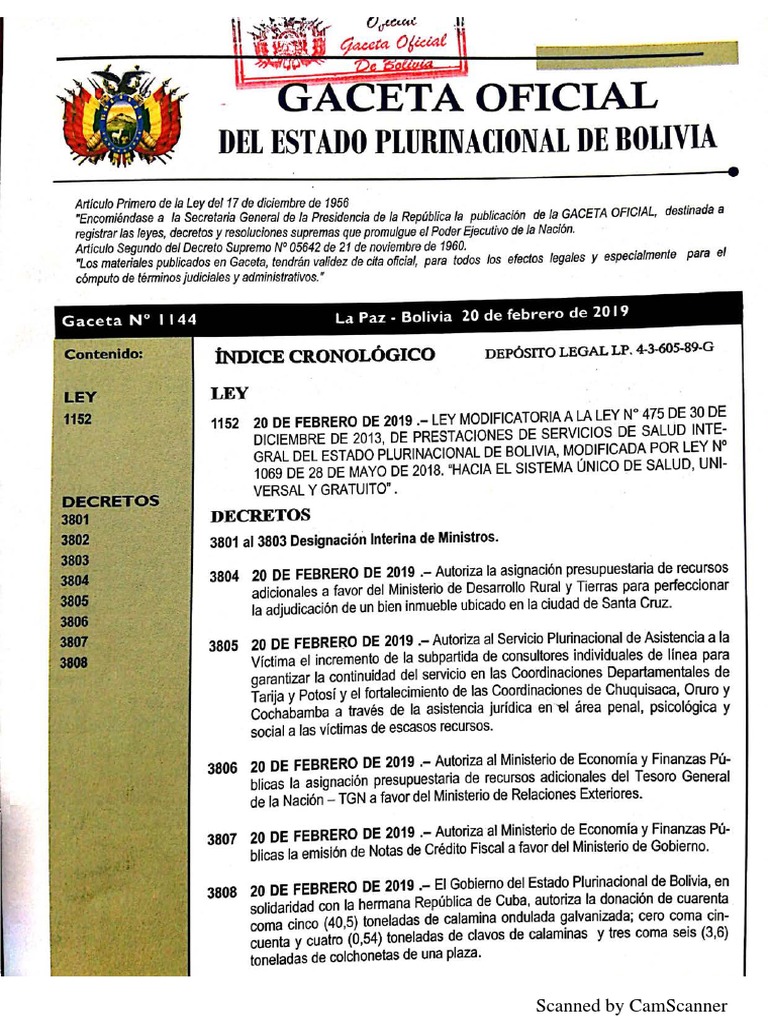 Ley 1152 PDF | PDF | Bolivia | Gobierno