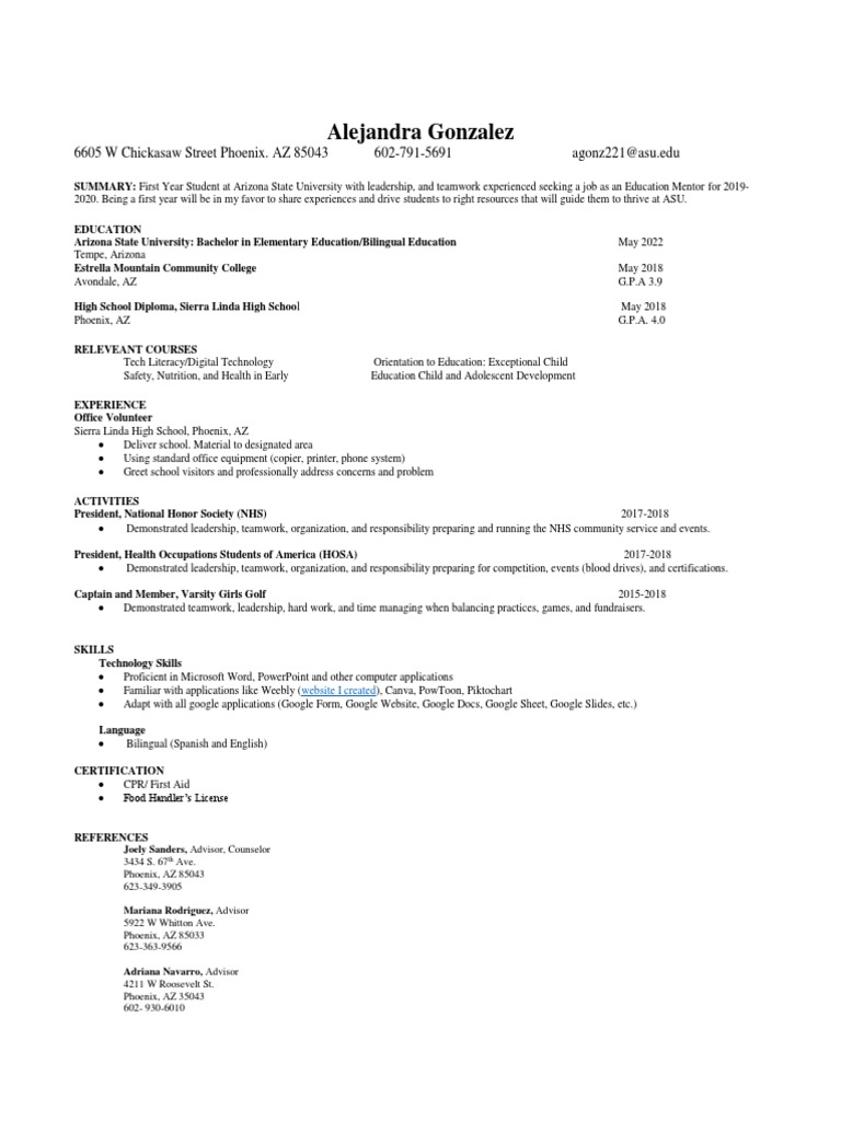 Alejandra Gonzalez Resume | PDF | Arizona State University | Phoenix