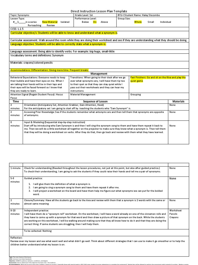 Direct Instruction Lesson Plan Template: Management | PDF | Special ...
