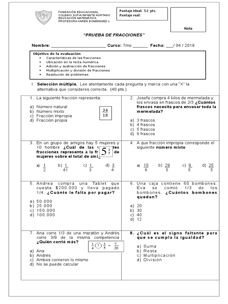 7mo - Prueba de Fracciones 2019 | PDF | Fracción (Matemáticas) | Aritmética