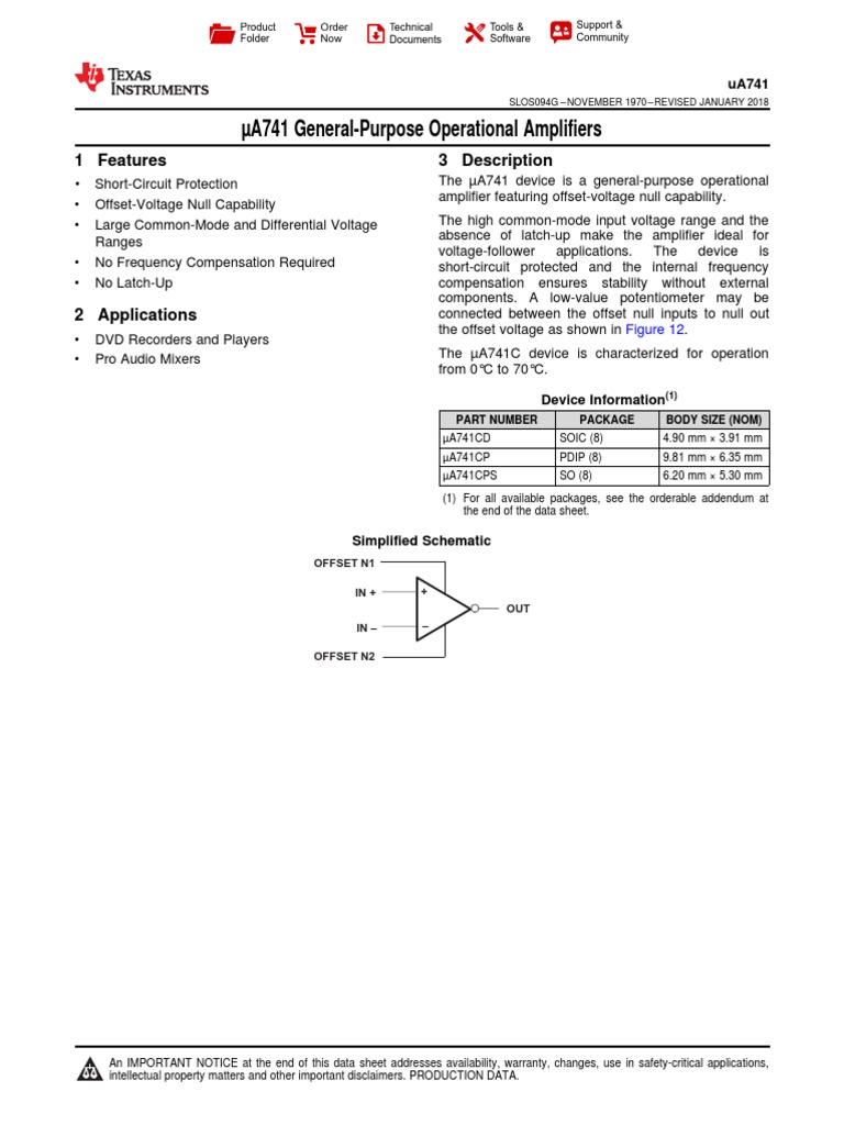 A741 General-Purpose Operational Amplifiers: 1 Features 3 Description ...
