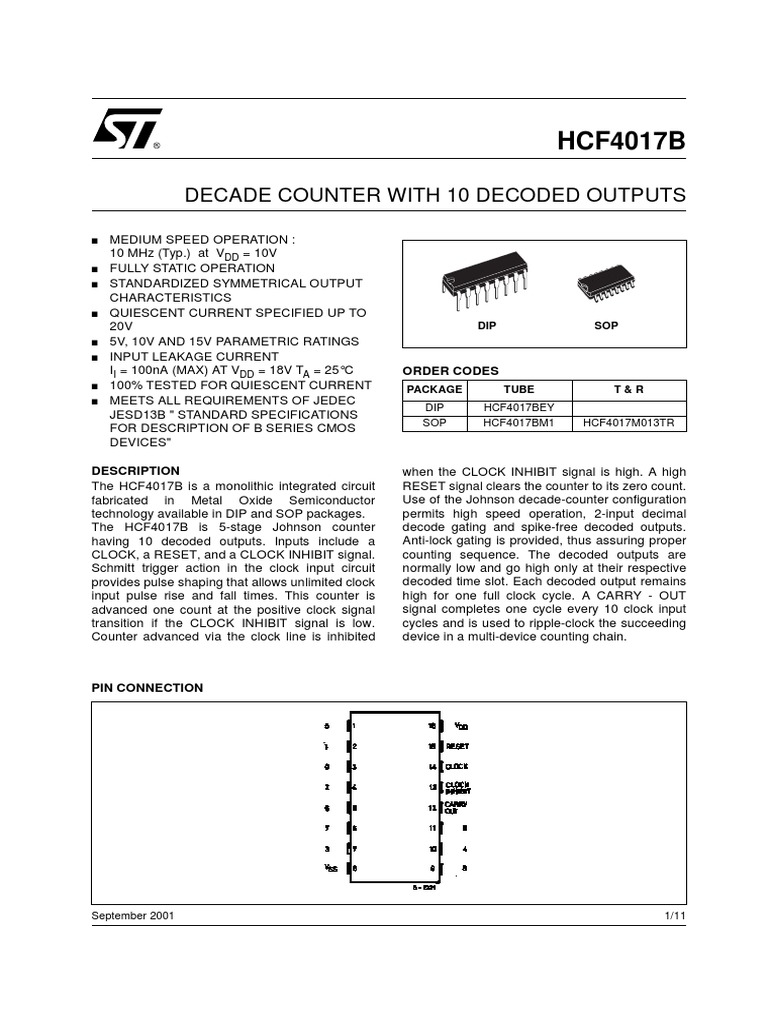 HCF4017B: Decade Counter With 10 Decoded Outputs | PDF | Logic Gate | Electrical Engineering