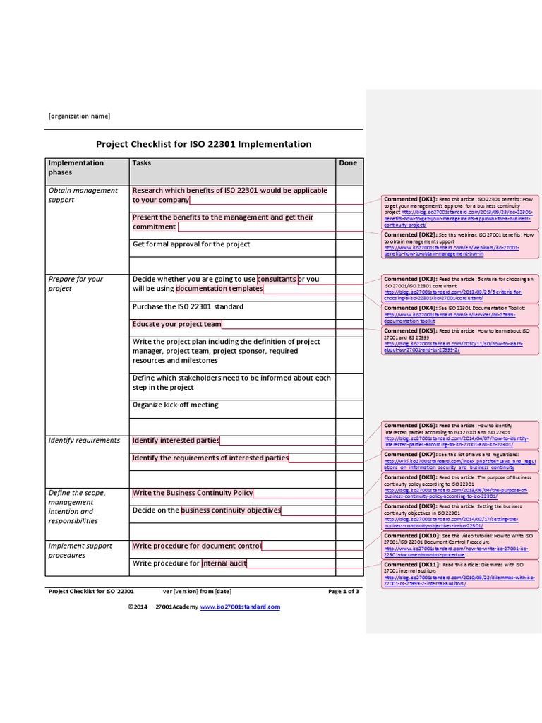 Project Checklist for 22301 Implementation En | Business Continuity ...